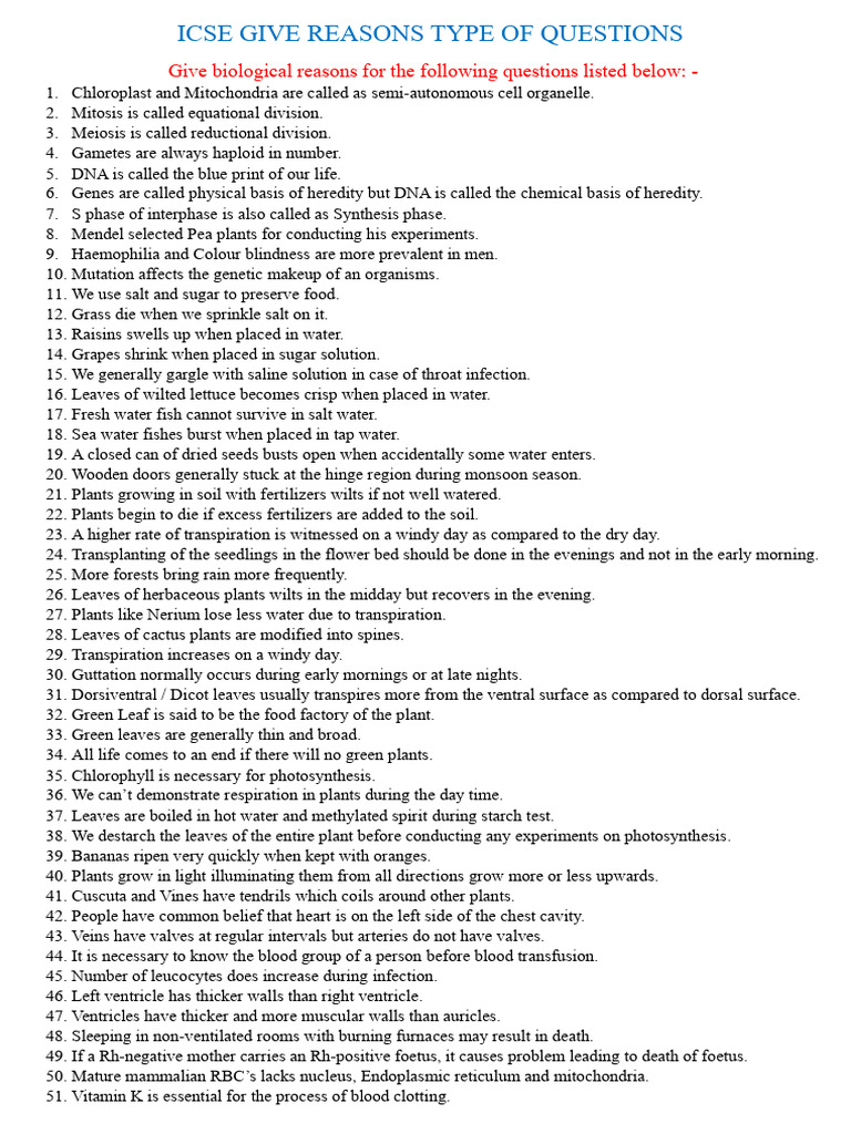 ICSE Biology: Give Reasons Questions | PDF | Leaf | Endocrine System