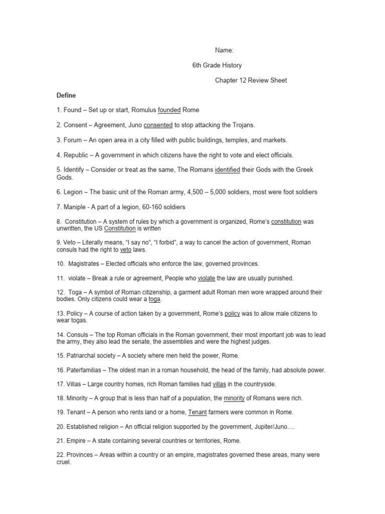 6th Grade - Chapter 12 Test Review Sheet | PDF | Ancient Rome | Roman ...