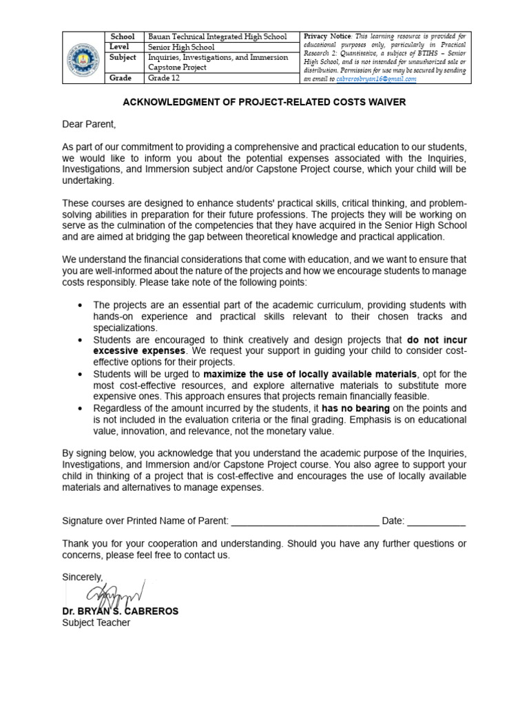 Acknowledgment of Project Related Costs Waiver | PDF | Cognition | Learning