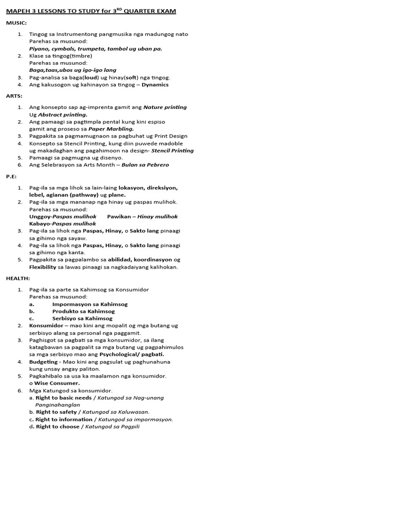 MAPEH 3 LESSONS TO STUDY 3rd Quarter | PDF
