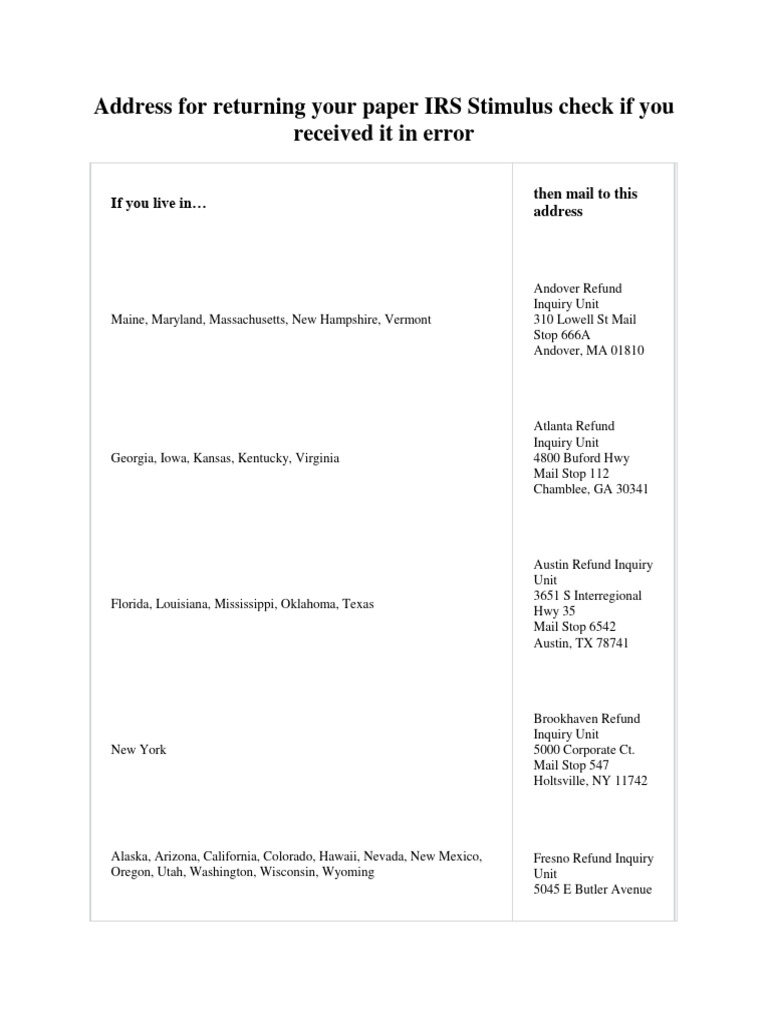 IRS Stimulus Check Return Addresses | PDF | Government Finances ...
