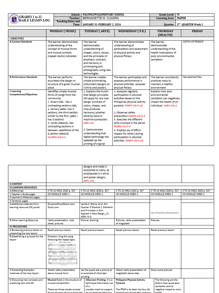 DLL - Mapeh 6 - Q3 - W1 | Download Free PDF | Musical Forms | Learning