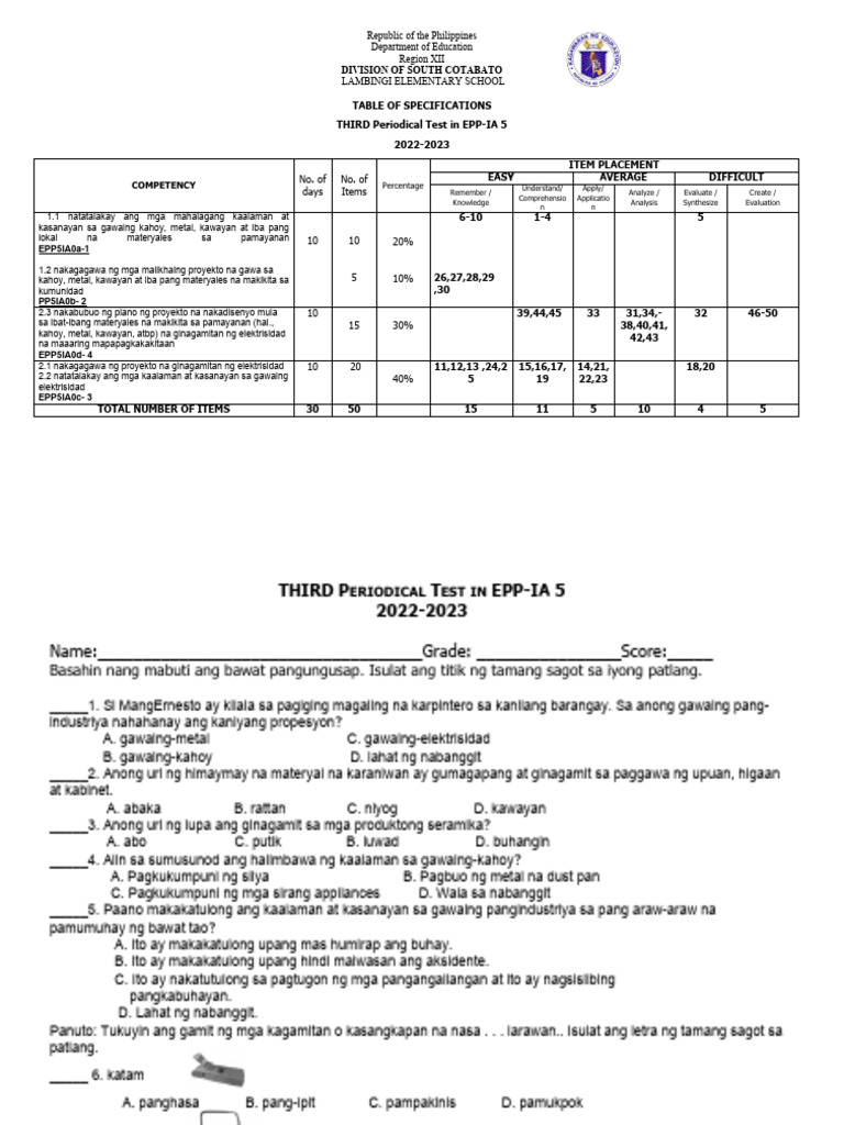 3RD Examination G5 Epp With Tos | PDF