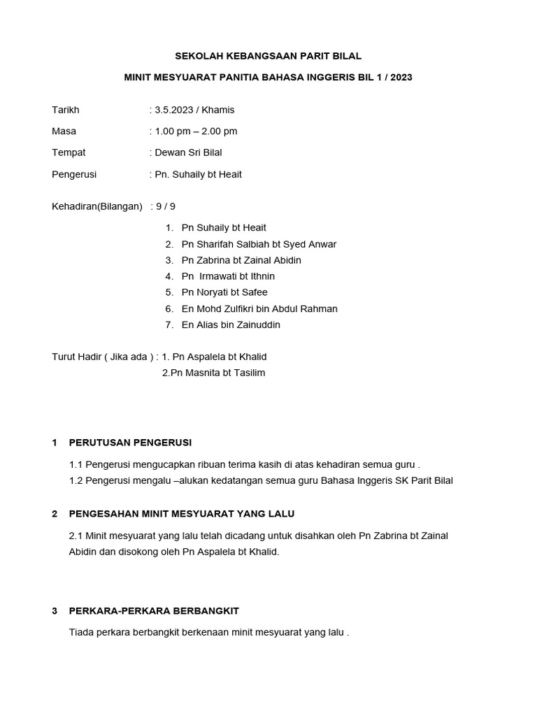 MINIT MESYUARAT PANITIA 1st 2023 | PDF