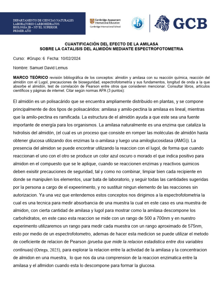 Laboratorio Almidon Samuel Lemus | PDF | Almidón | Reacciones químicas