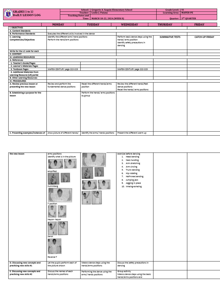 DLL - Mapeh 6 - Q3 - W8 | PDF | Cognitive Science | Teaching
