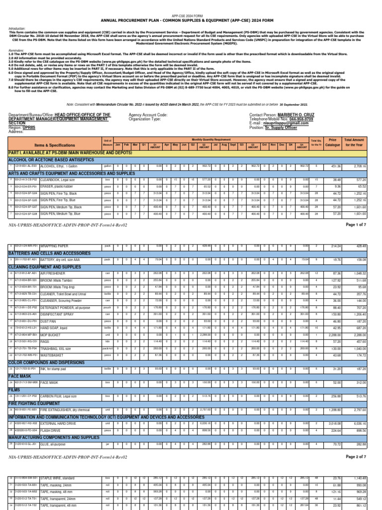 Annual Procurement Plan - Common Supplies & Equipment (App-Cse) 2024 ...