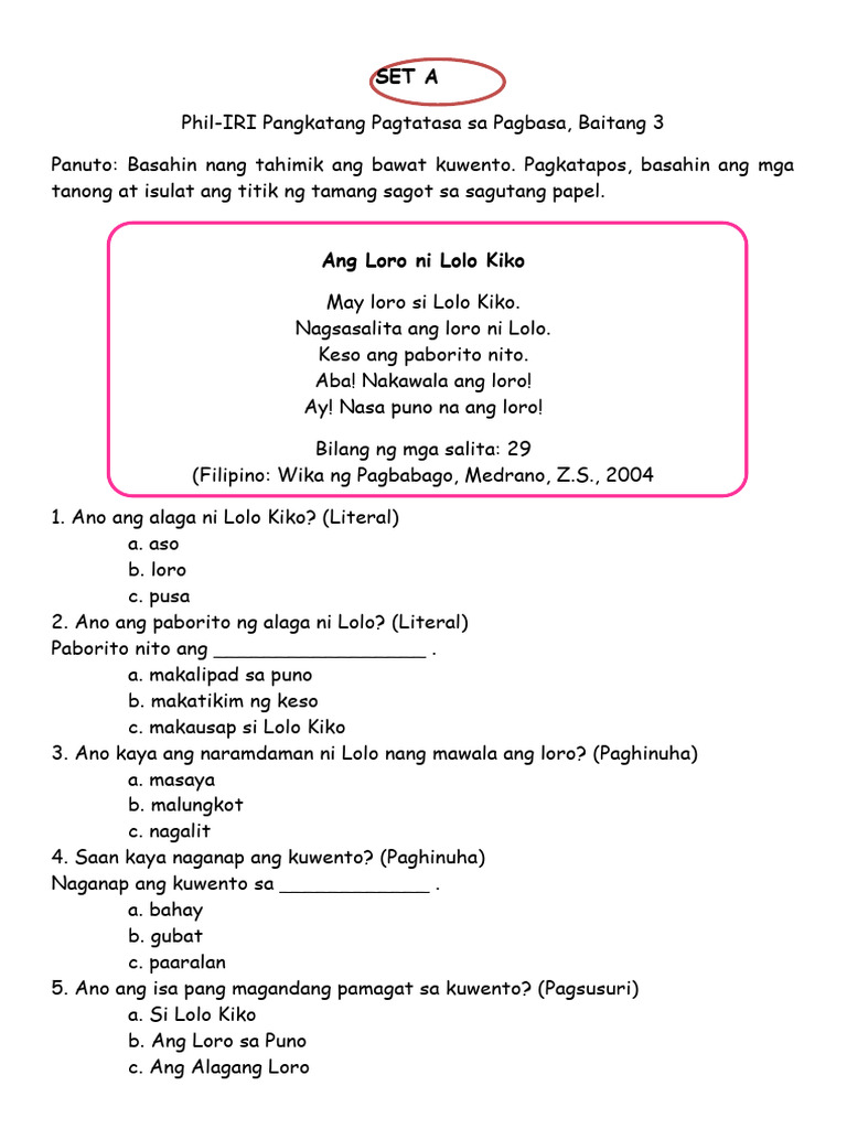 GRADE 3 Phil-IRI (Pre-Test) | PDF