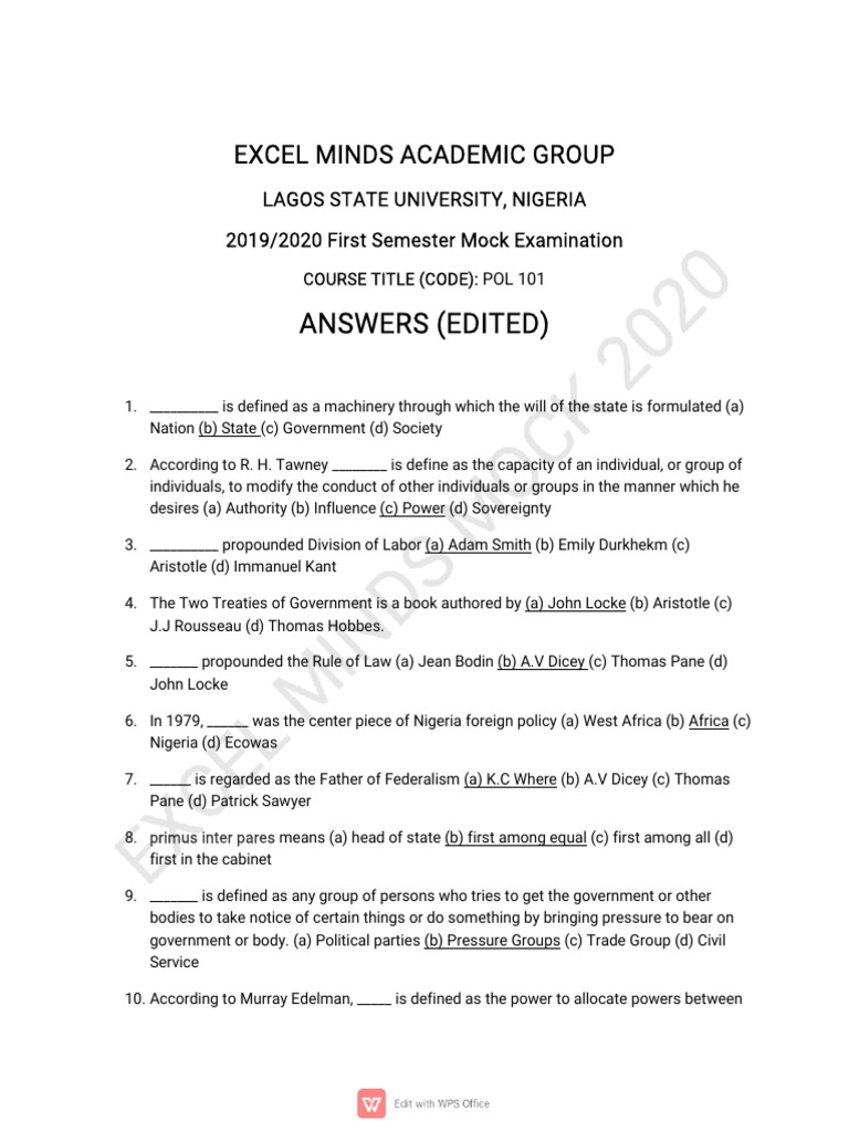 POL 101 Mock Exam Answers 2019/2020 | PDF