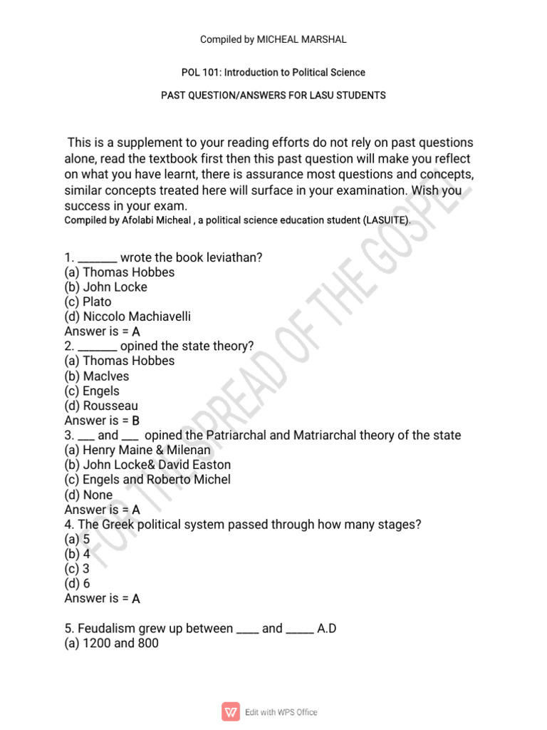 POL 101 Past Questions for LASU Students | PDF