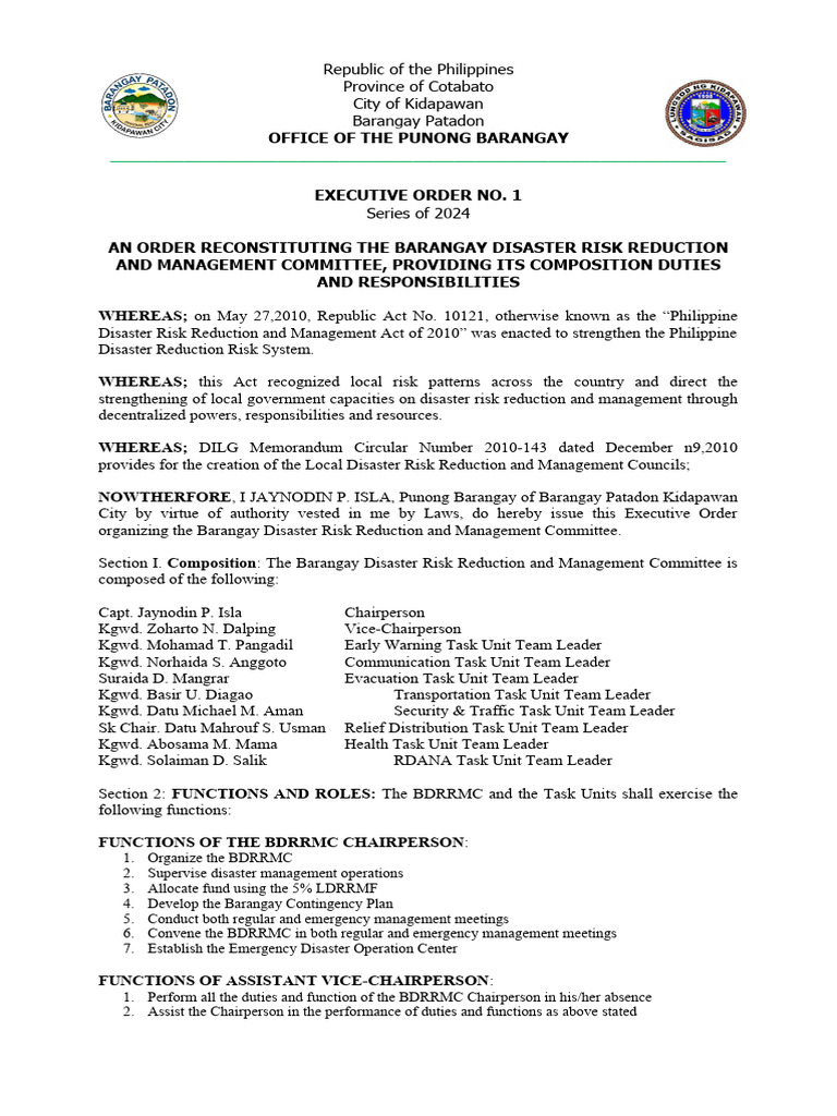 EO No. 1 BDRRMC | Download Free PDF | Emergency Management | Waste