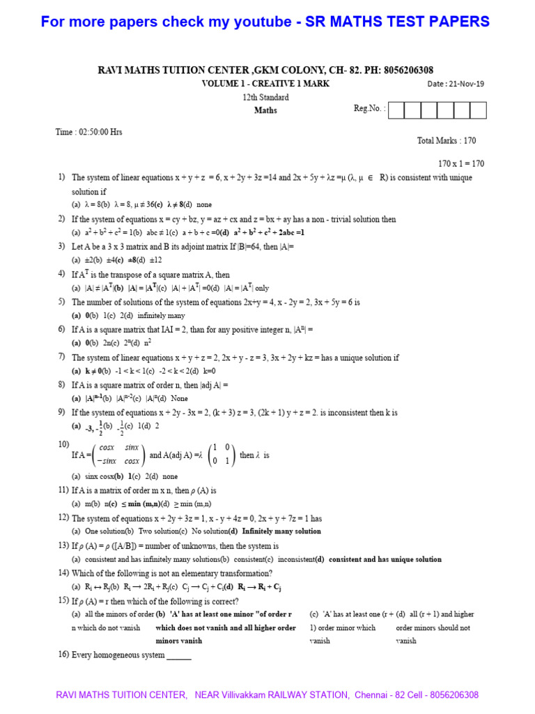 Namma Kalvi 12th Maths Creative 1 Mark Questions With Answers em 216961 | PDF | Mathematical ...
