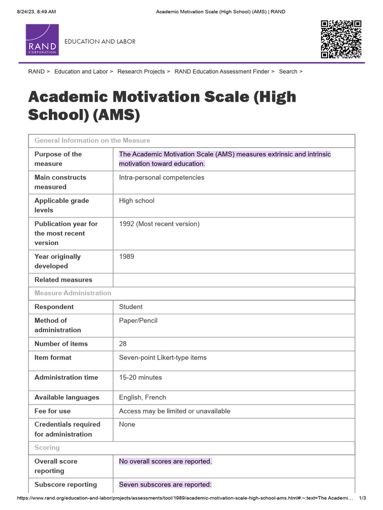 Academic Motivation Scale (High School) (AMS) - RAND | PDF | Motivation ...