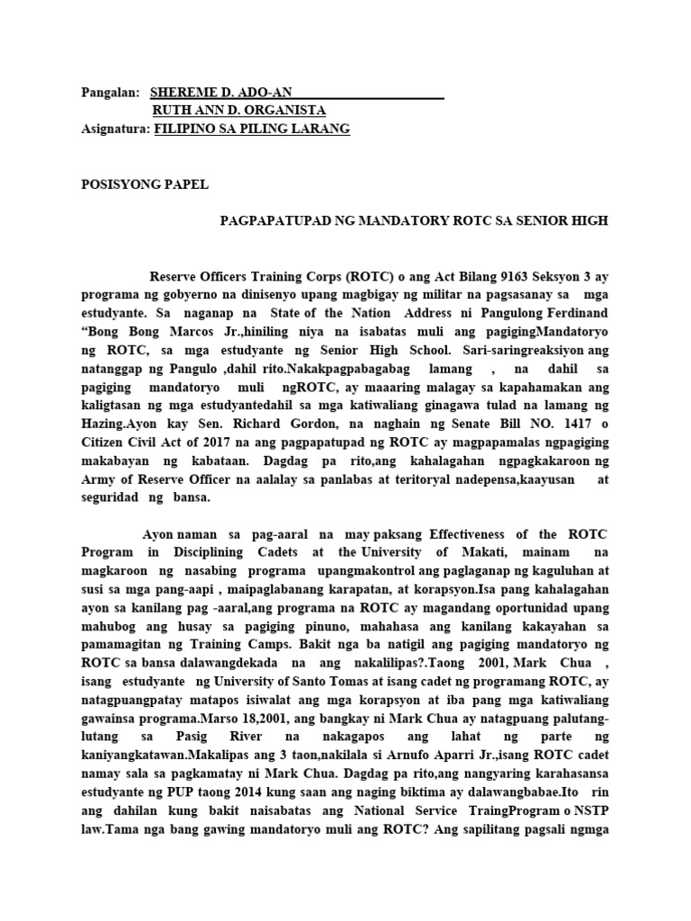 Filipino Sa Piling Larang Posisyong Papel-1 | PDF