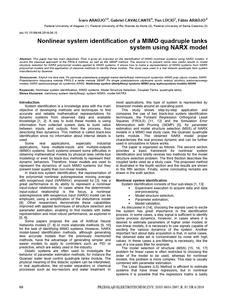 Nonlinear system identification of a MIMO quadruple tanks system using NARX model | PDF ...