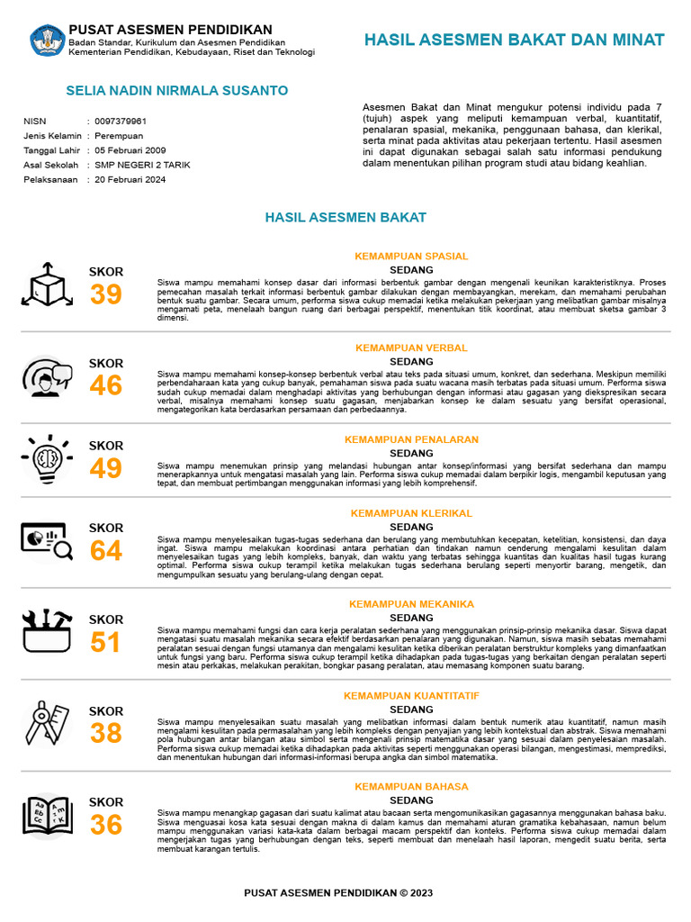 Asesmen Bakat Minat - Tahun 2024 Hasil 1 | PDF