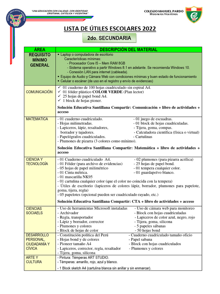 02s Listas de Útiles 2º Secundaria | PDF
