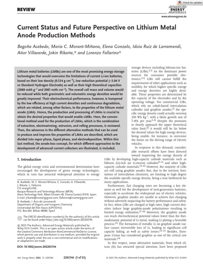 Advanced Energy Materials - 2023 - Acebedo - Current Status and Future Perspective on Lithium ...
