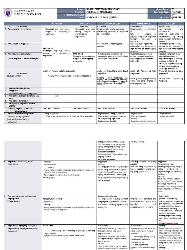 DLL - Filipino 4 - Q3 - W8 | PDF