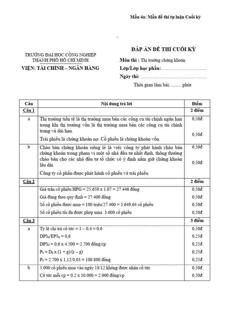 Dap An de Thi CK - TTCK - HK1 - 2324 | PDF