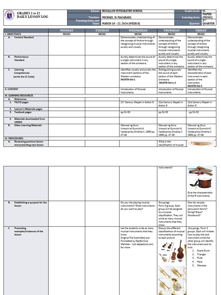 DLL_MAPEH 6_Q3_W8 (1) | PDF | Musical Instruments | Woodwind Instruments