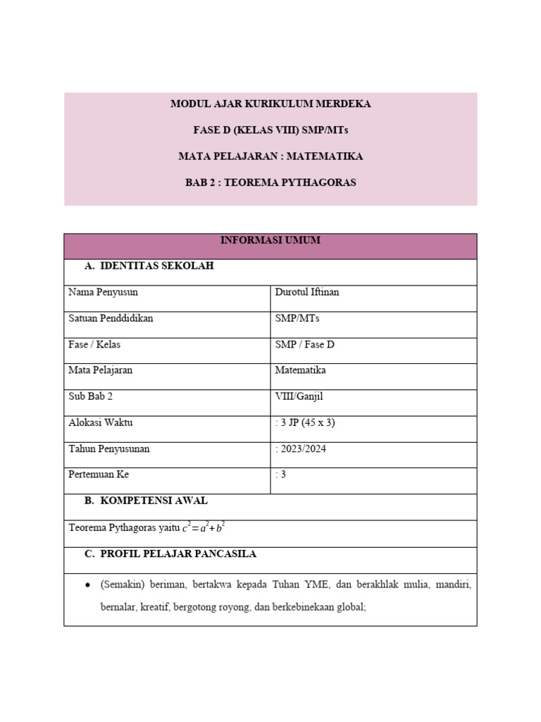 Modul Ajar Teorema Pythagoras Kelas 8 | PDF
