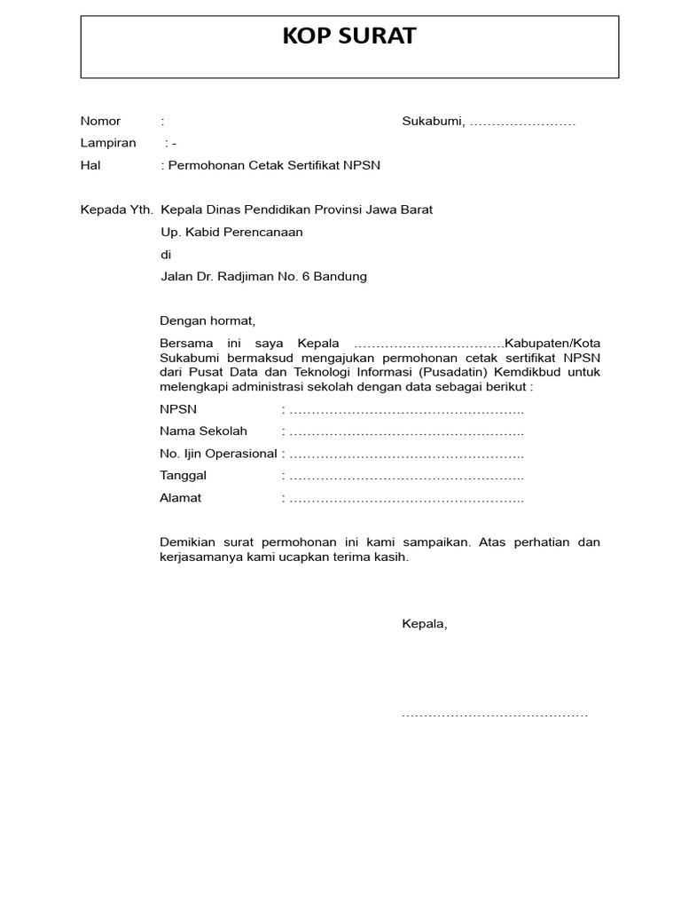 Permohonan Cetak Sertifikat NPSN | PDF