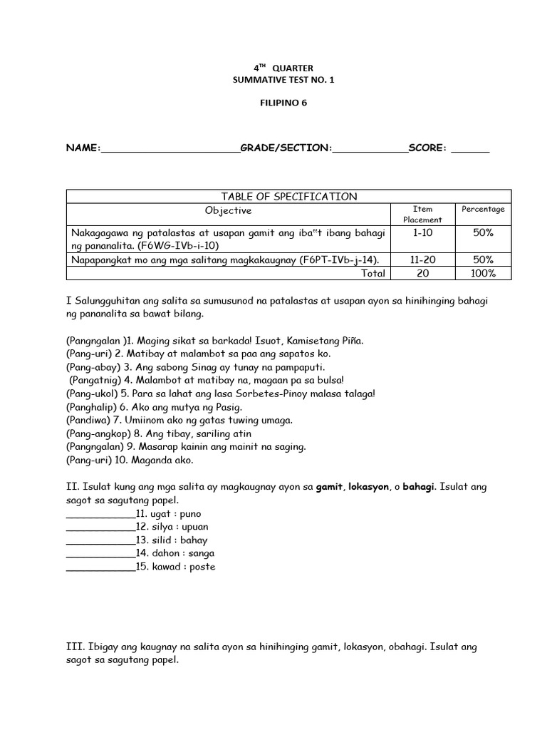 Filipino 6 Q4 ST1 | PDF