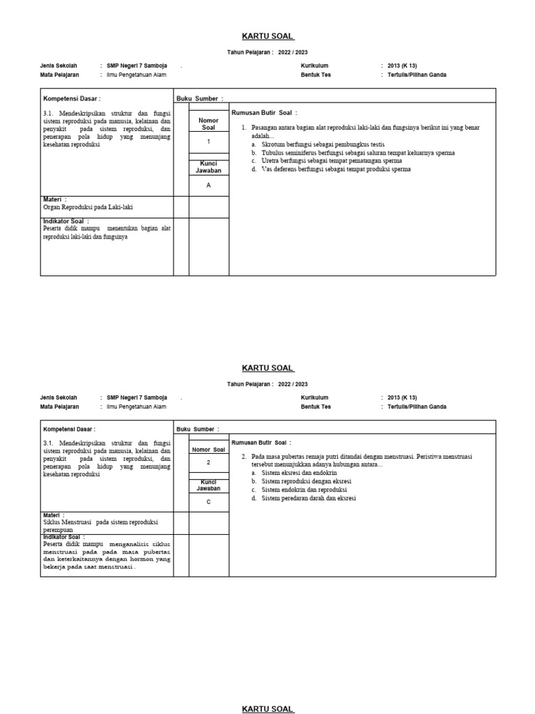 3 Kartu Soal UH 1 IPA 9 REPRODUKSI Sm1 2021 | PDF