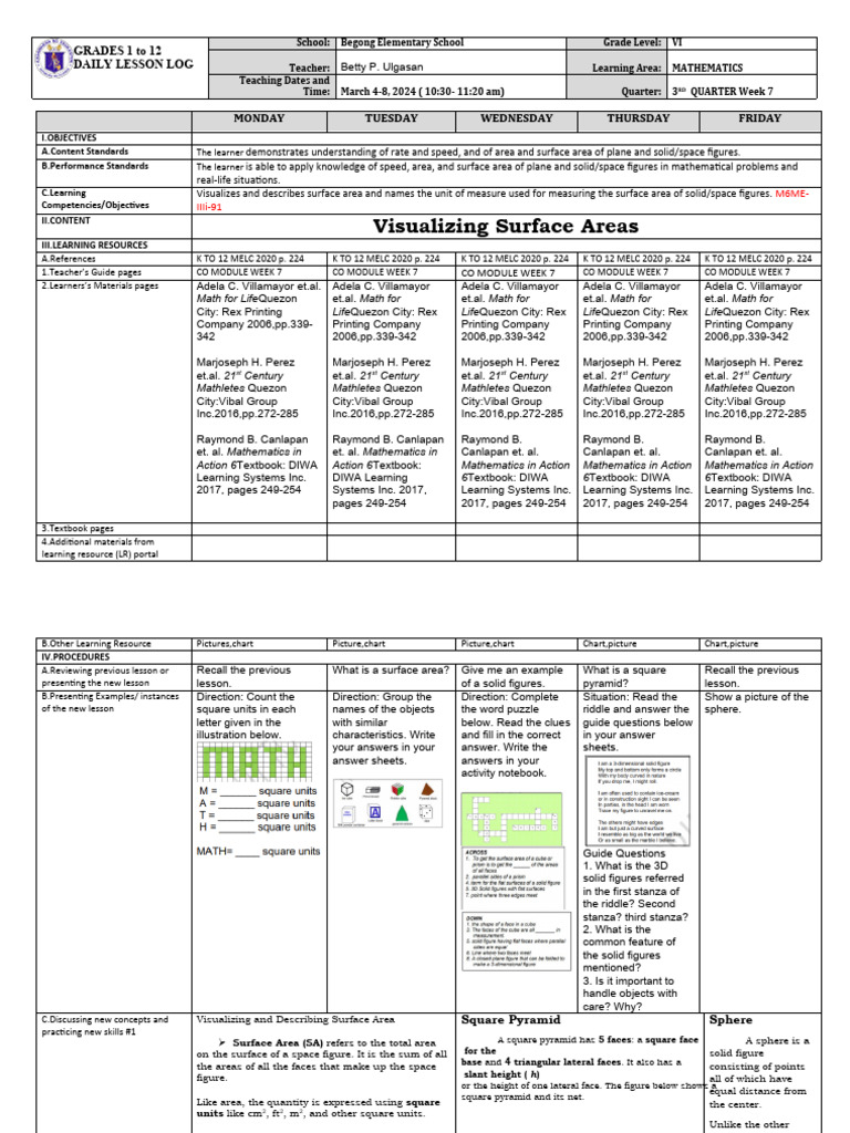 DLL - Mathematics 6 - Q3 - W7 | PDF | Area | Sphere
