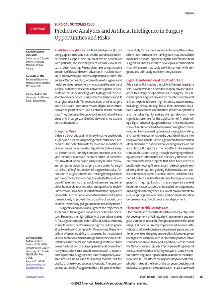 AI and Predictive Analytics in Surgery | PDF | Electronic Health Record ...