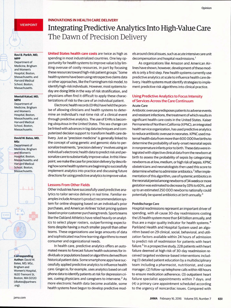 Precision Analytics in Healthcare Delivery | PDF | Electronic Health ...