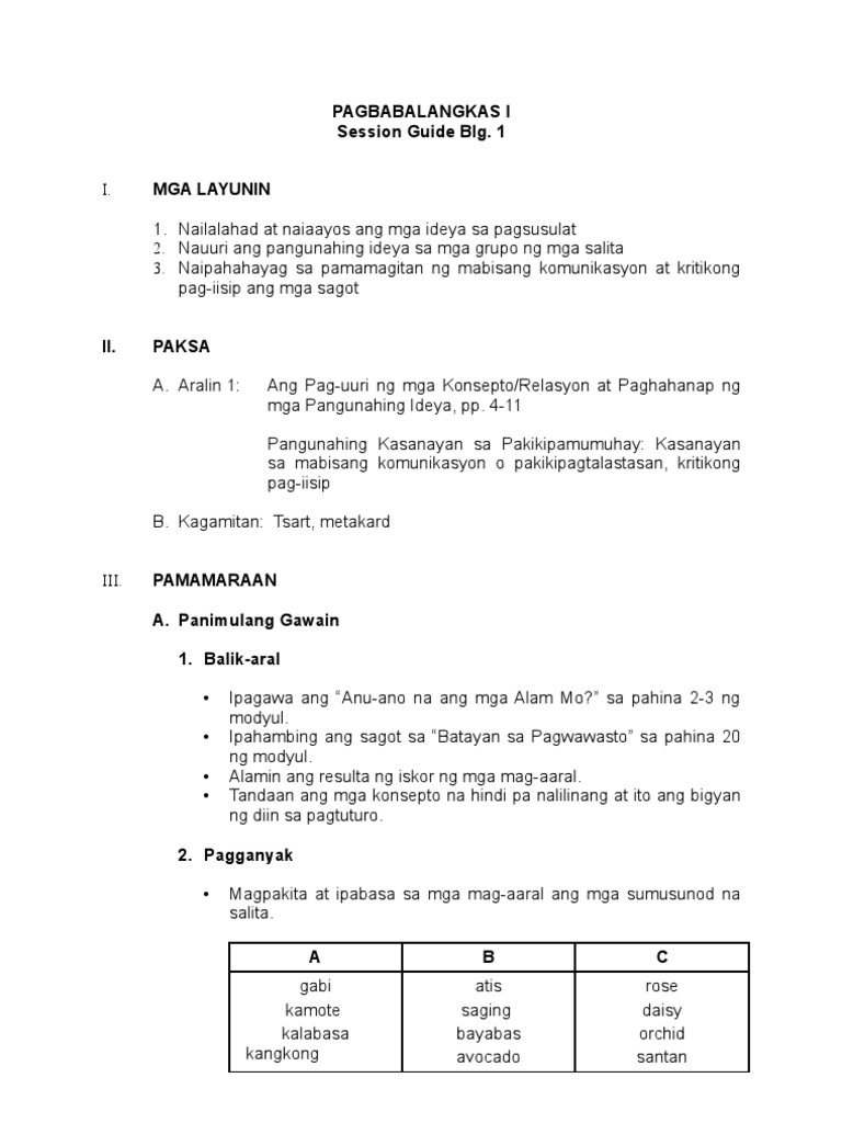 SESSION GUIDE - Pagbabalangkas | PDF