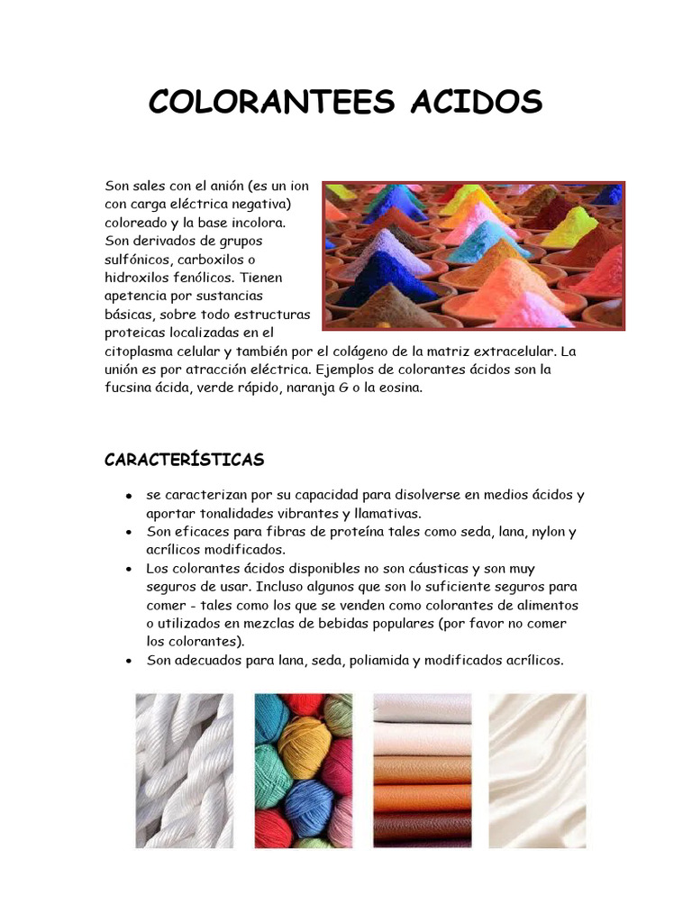 Colorantes Ácidos: Propiedades y Usos | PDF | Ácido | Sal (química)