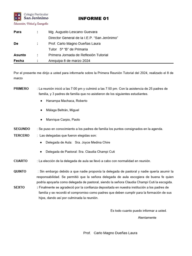 Informe Tutorial 01 5°B Primaria 2024 | PDF