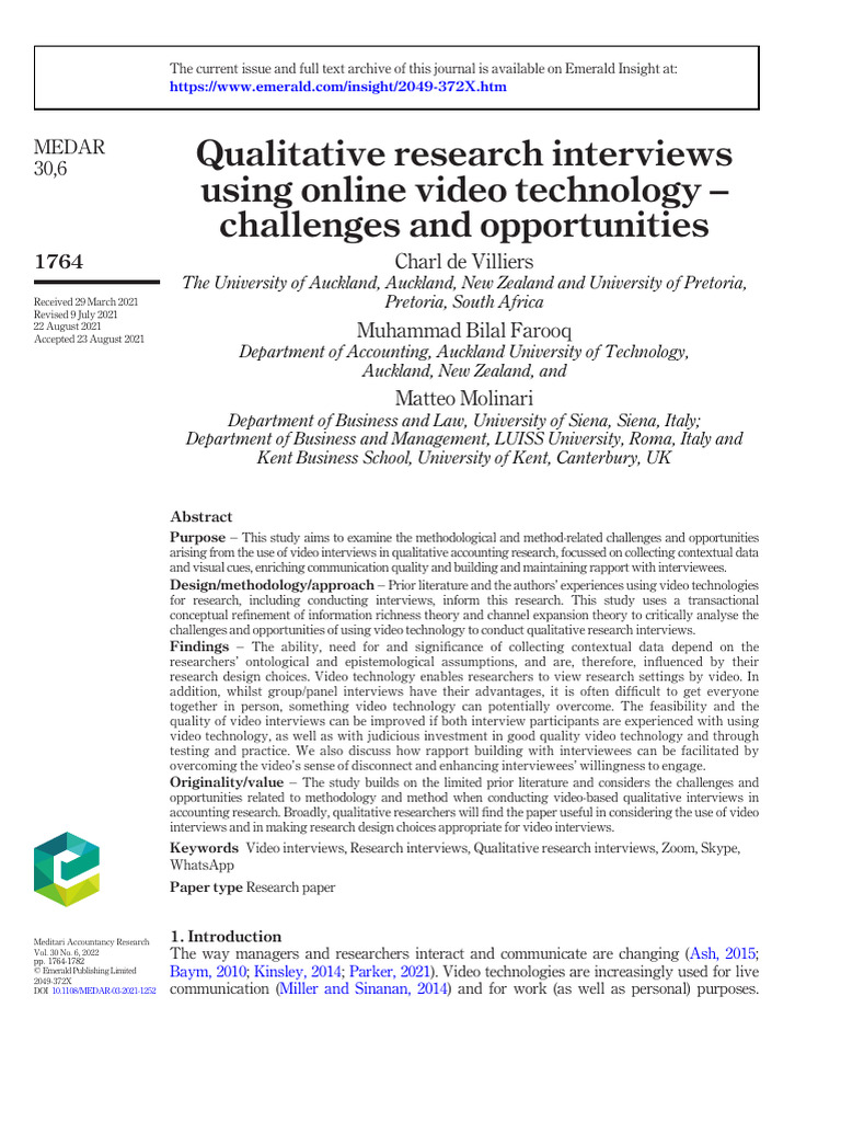 Video Interviews in Qualitative Research | PDF | Methodology | Communication