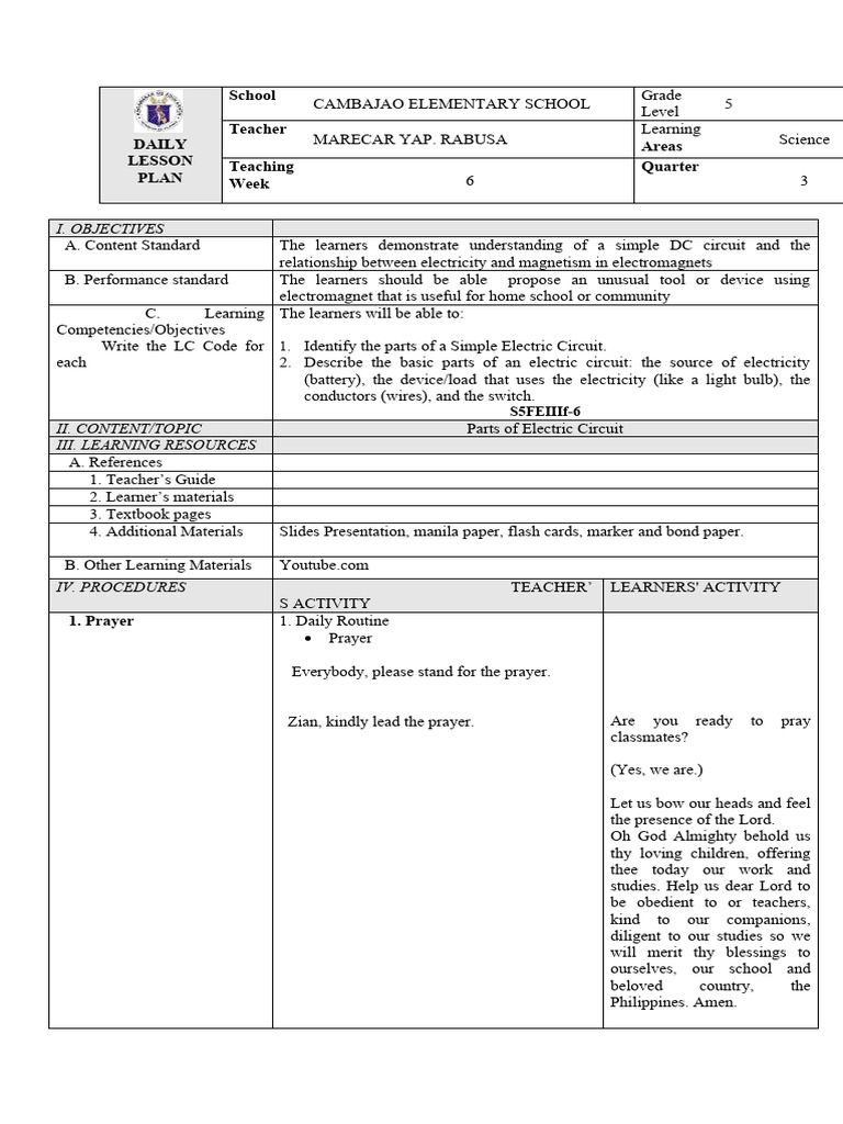 SCIENCE LESSON PLAN | PDF | Electricity | Electric Current
