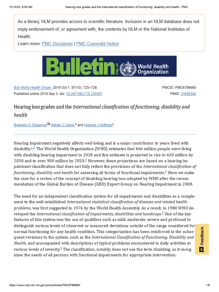 Hearing Loss Grades and The International Classification of Functioning ...