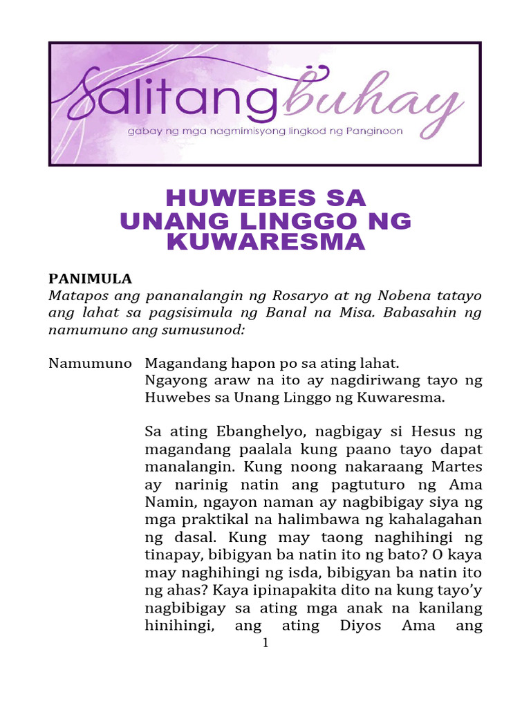Huwebes Sa Unang Linggo NG Kuwaresma 2024 | PDF