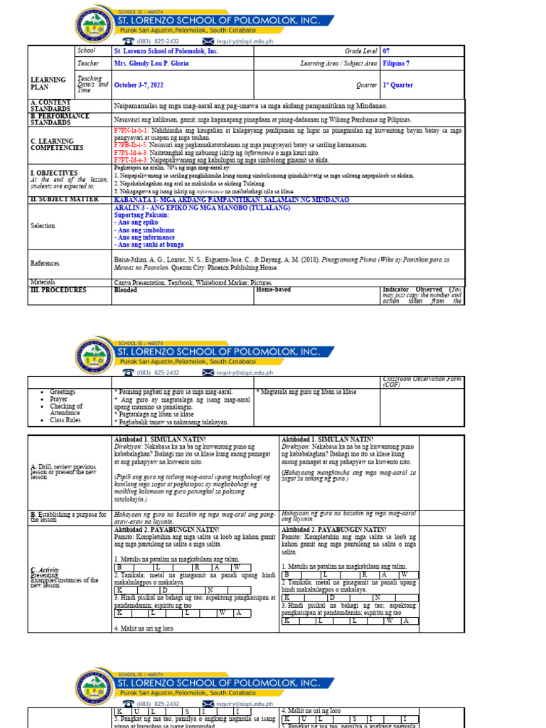 LP - Grade 7 - Aralin 3 | PDF