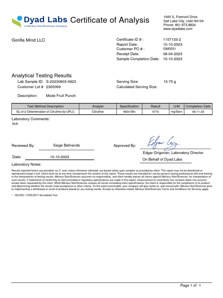 COA Report Citrulline | PDF