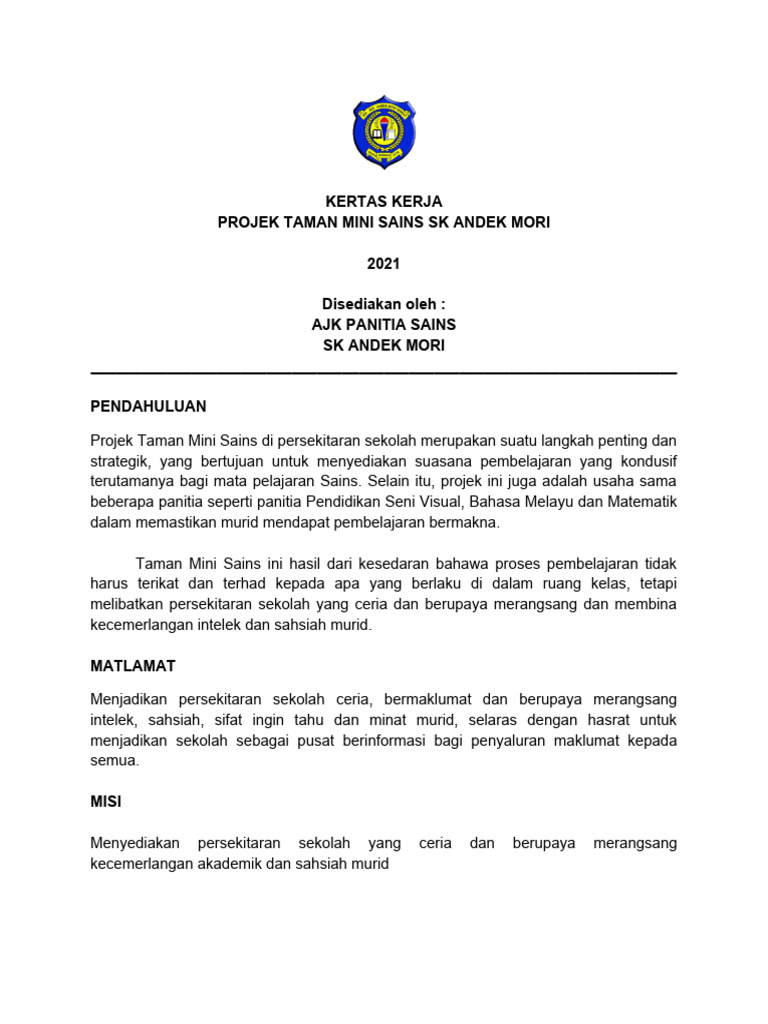Kertas Kerja Taman Mini Sains 2021 | PDF