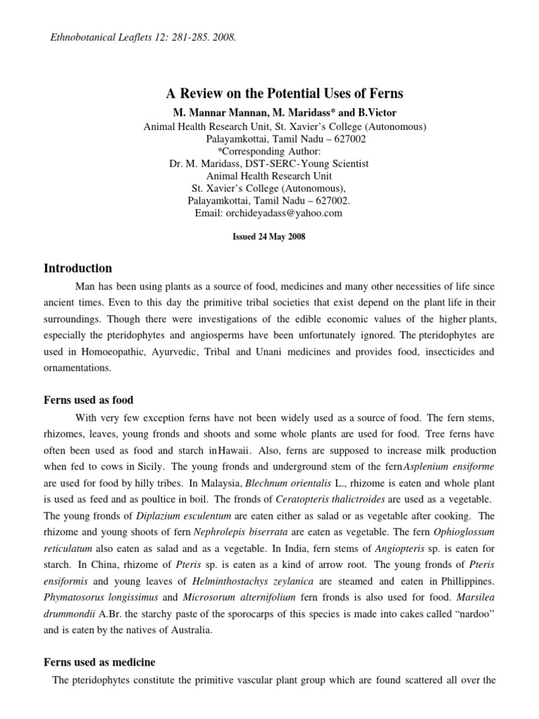 A Review on the Potential Uses of Ferns | PDF | Fern | Conservation Biology