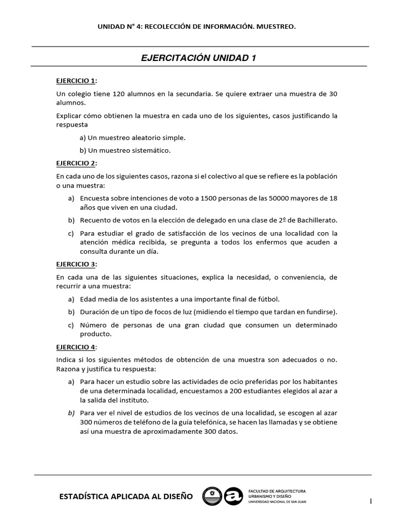 Ejercitación Práctica UNIDAD 1 | PDF | Muestreo (Estadísticas) | Estadísticas
