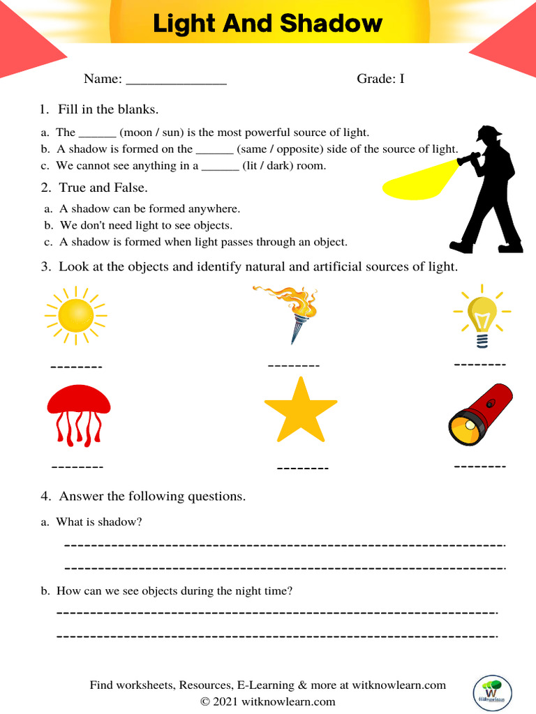 Light and Shadow Worksheet for Grade 2 | PDF | Science & Mathematics