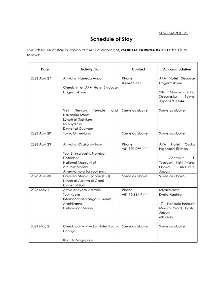 2019 APRIL JAPAN Schedule of Stay | PDF | Kyoto