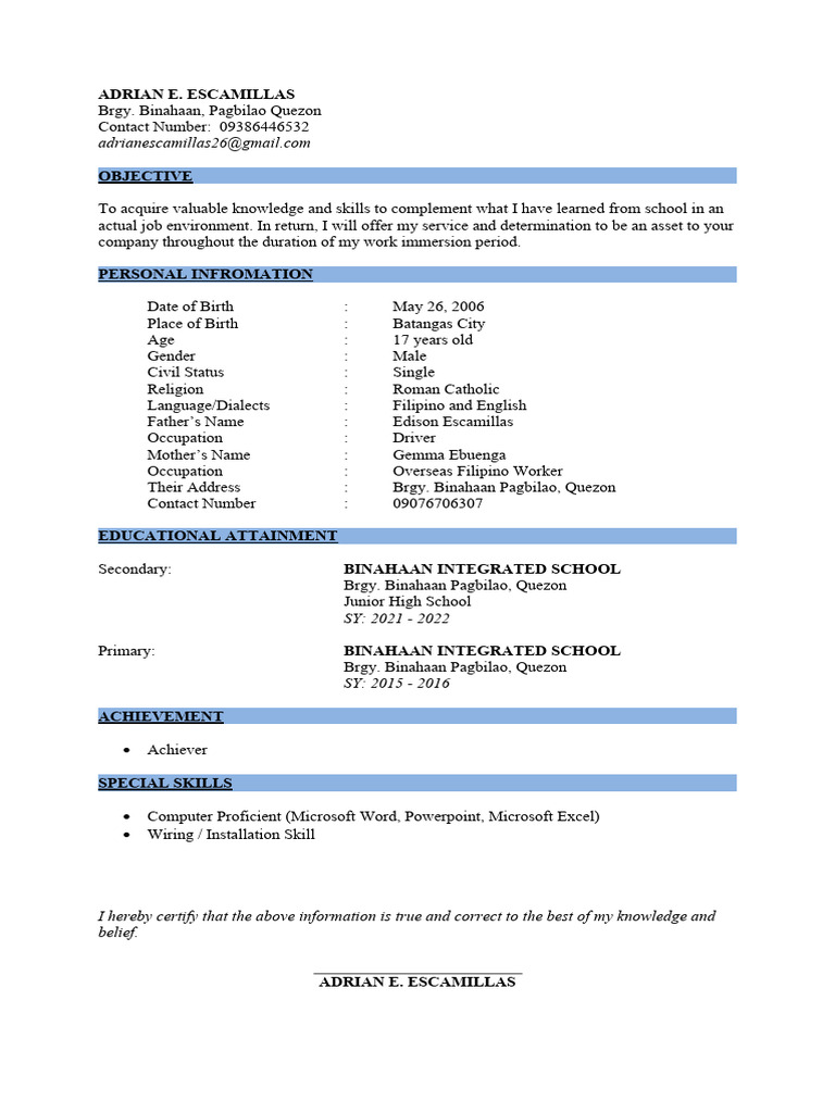 RESUME-SHS-SAMPLE | PDF