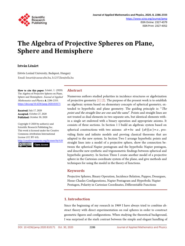 The Algebra of Projective Spheres On Plane | PDF | Theorem | Line ...