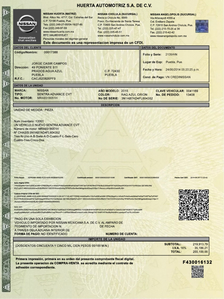 Factura Nissan 2014 Fondo Amda | PDF
