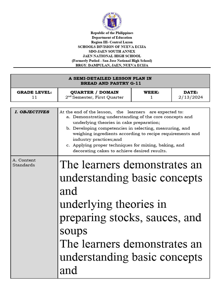 Semi Detailed Lesson Plan 2023 2024 | PDF | Cakes | Baked Goods